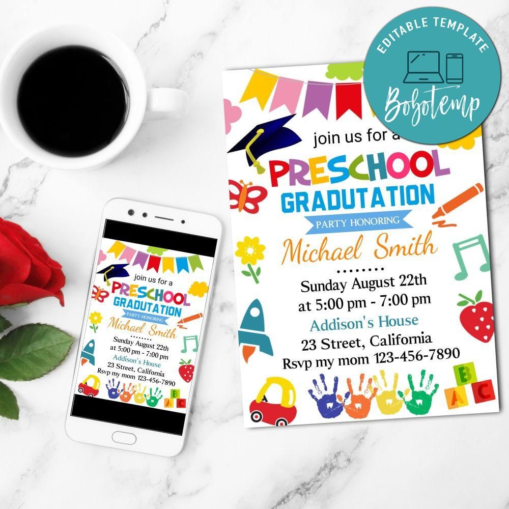Preschool Graduation Invitation Customizable Template DIY | Bobotemp