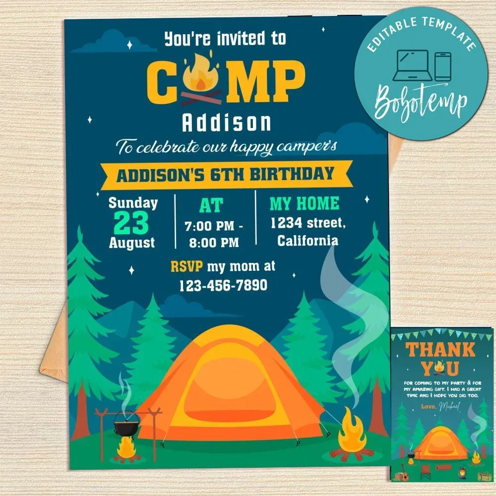 Camping Invitation Template Free Thank You Card Printable | Bobotemp