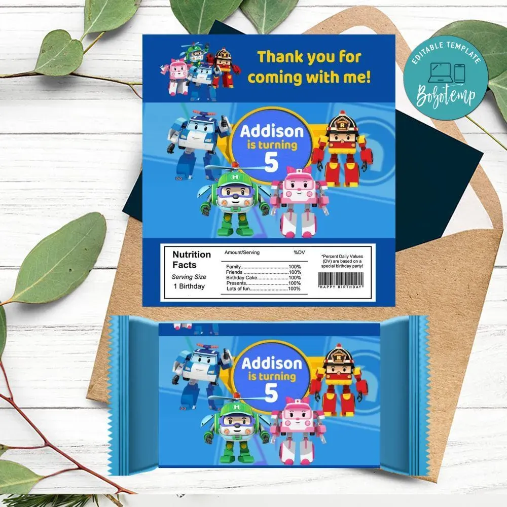 Robocar Poli Candy bar Label Customizable Template DIY | Bobotemp