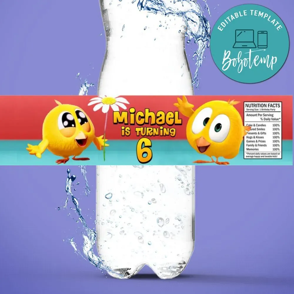 Pollito Chicky Birthday Water Bottle Label Template | Bobotemp