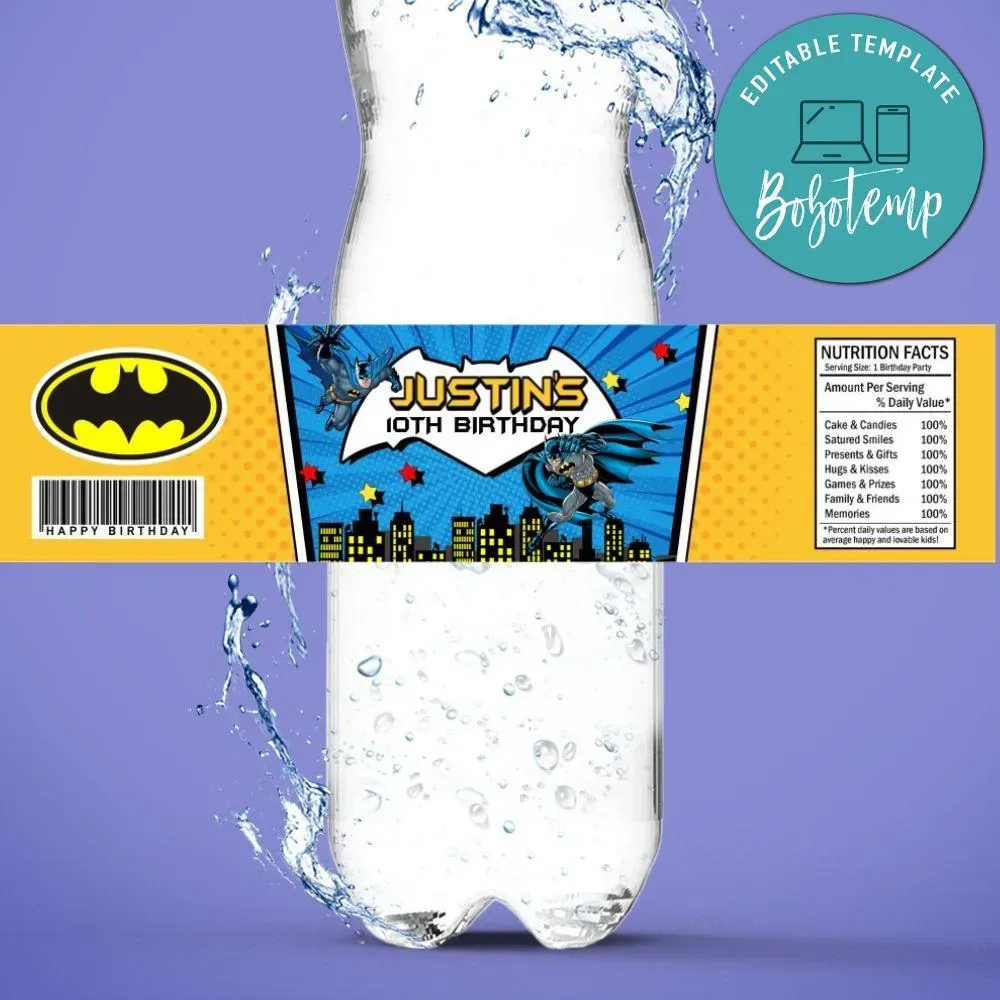 Batman Birthday Water Bottle Label Template | Bobotemp