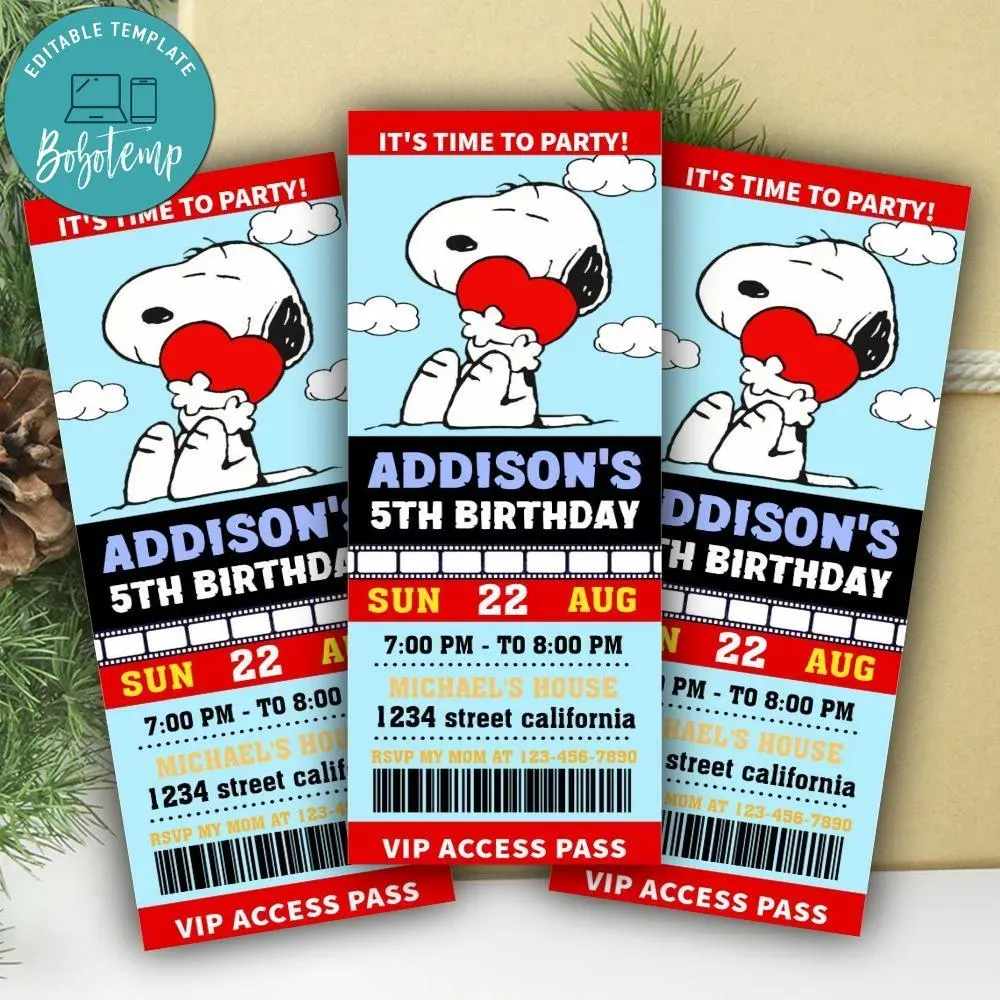 Snoopy Ticket Invitation Customizable Template | Bobotemp