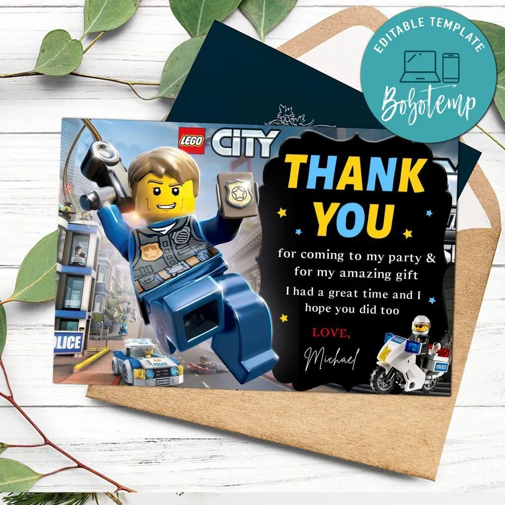 Lego City Thank You Card Customizable Template DIY | Bobotemp
