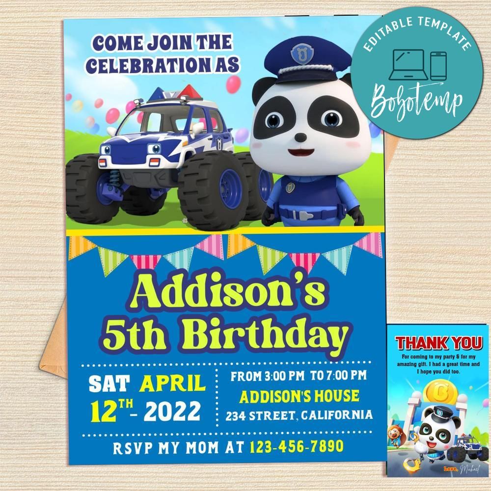 Babybus Police Invitation Template Free Thank You Card Printable | Bobotemp