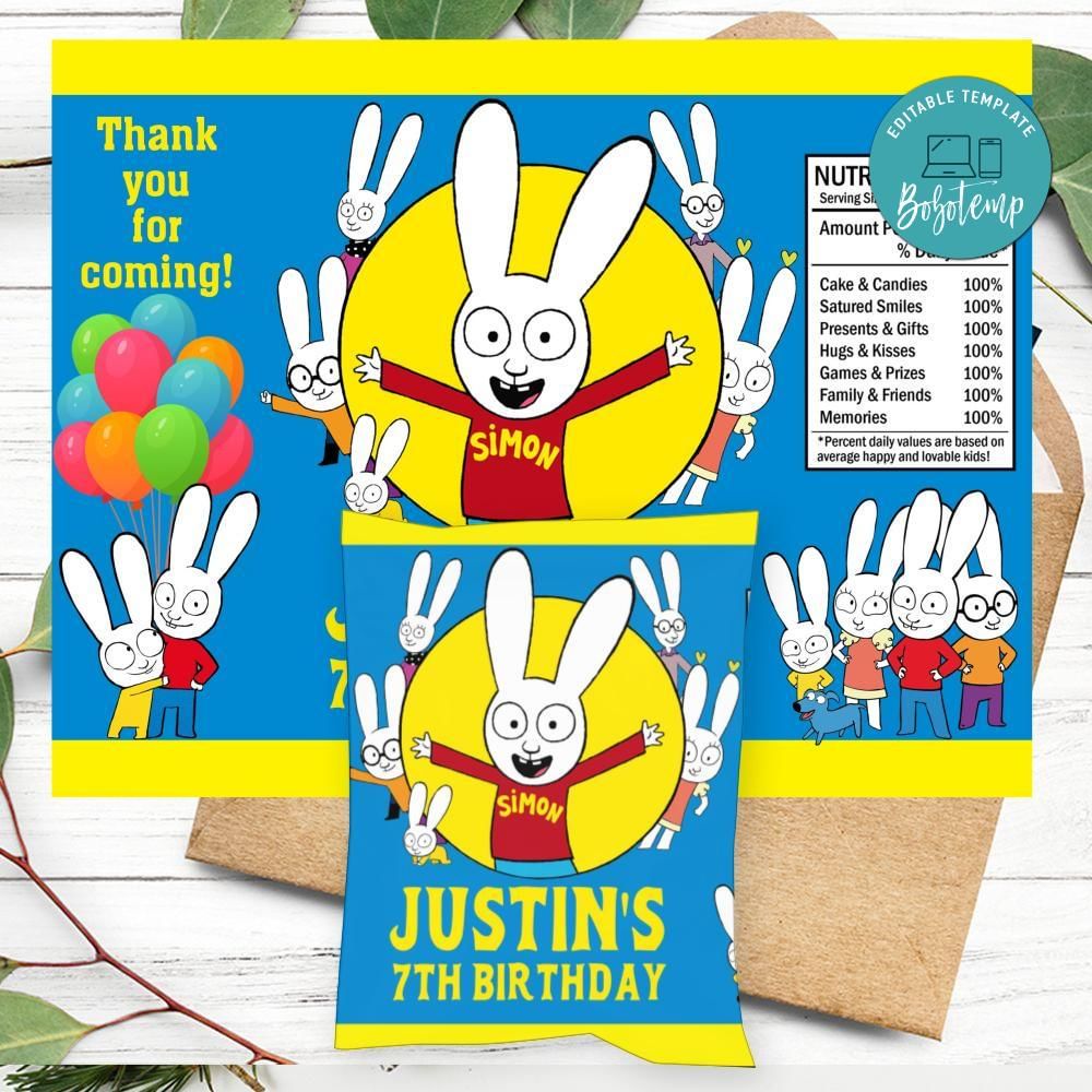 Simon The Rabbit Birthday Chip Bag Digital File Printable | Bobotemp