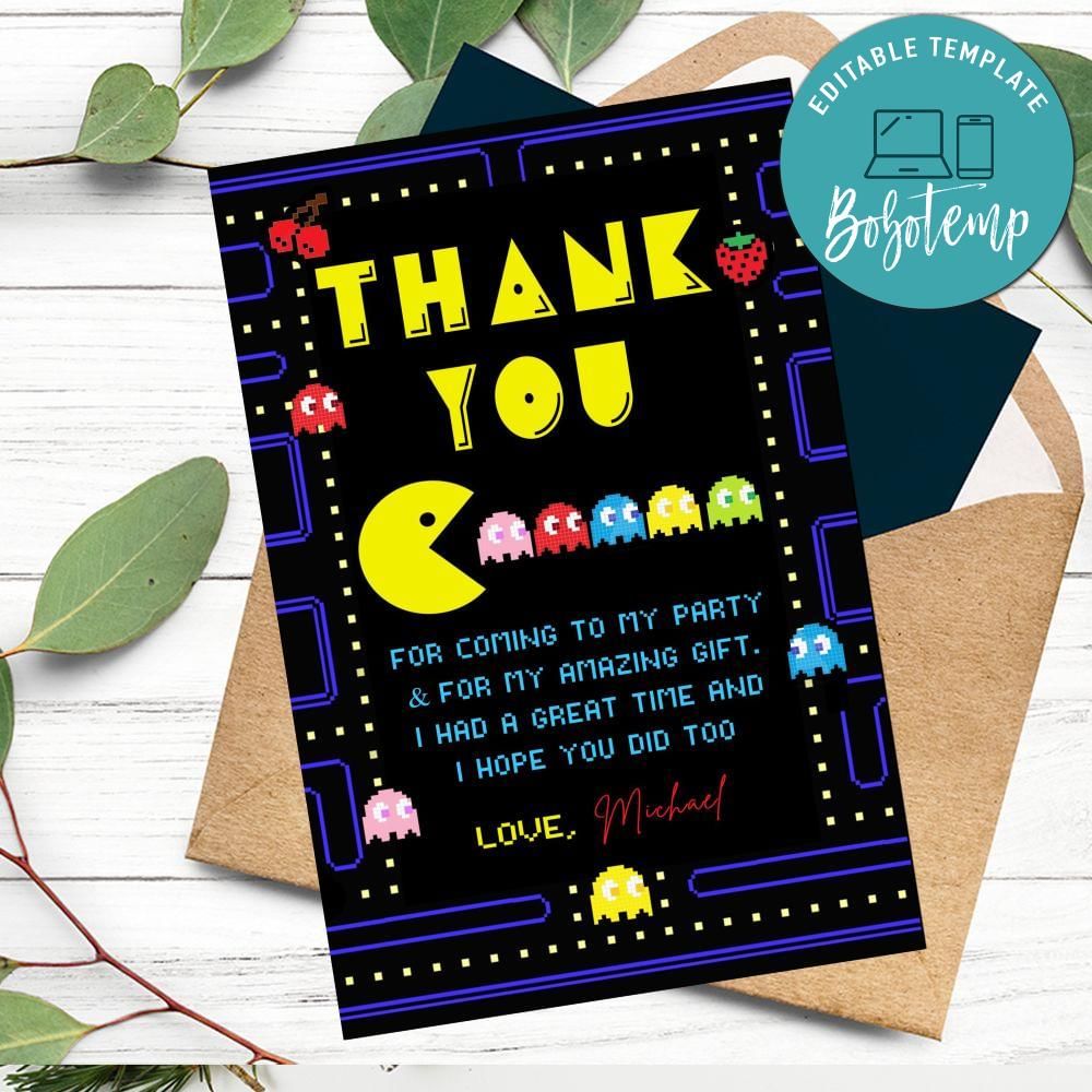 Pacman Thank You Card Customizable Template DIY | Bobotemp
