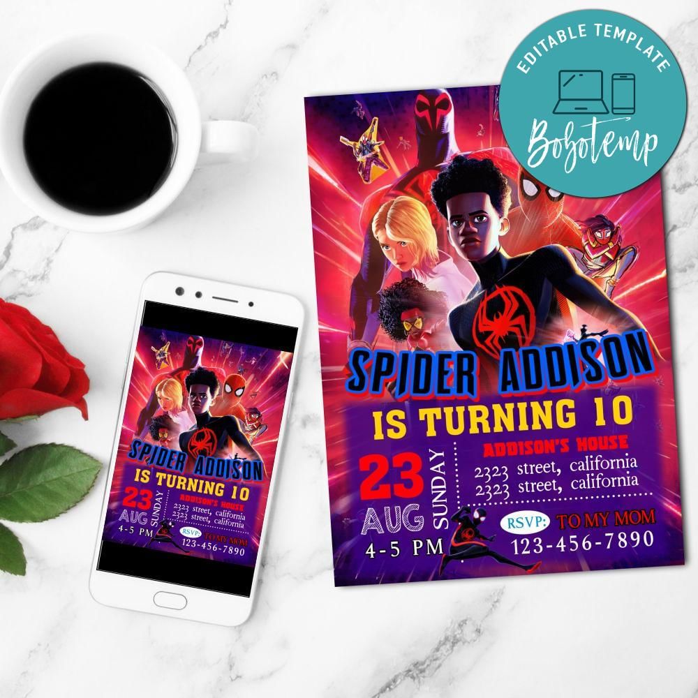 Spiderman Across the SpiderVerse Invitation Customizable Template ...