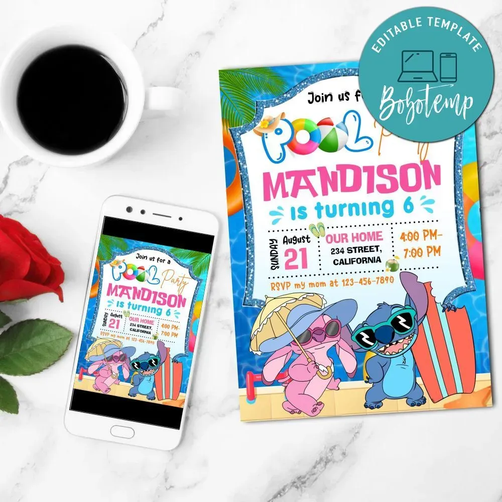 Stitch and angel pool party Invitation Customizable Template DIY | Bobotemp