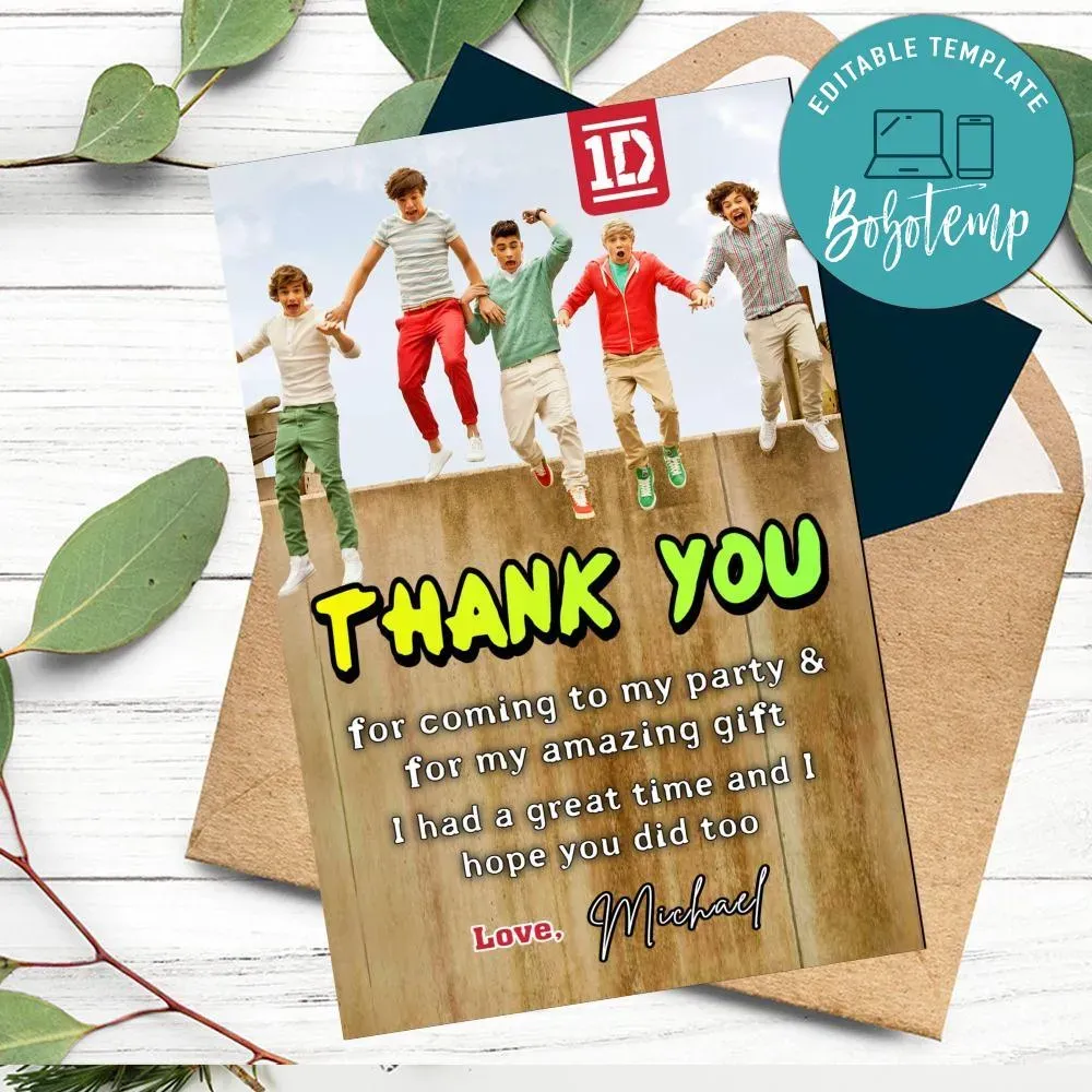 One Direction Thank You Card Customizable Template DIY | Bobotemp