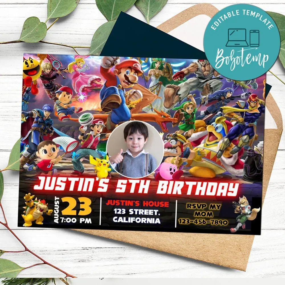 Super smash brothers Birthday Invitation with Photo Customizable | Bobotemp