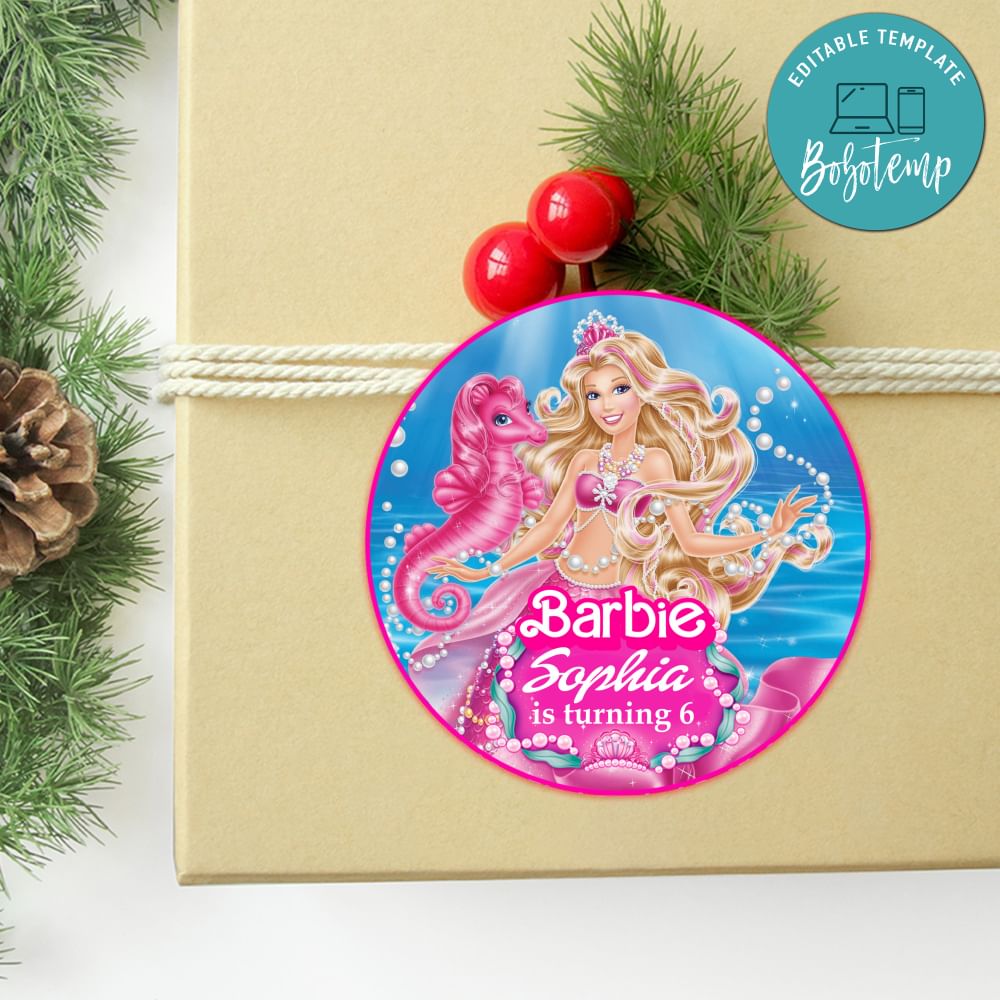 Sirena Barbie Circle Sticker Template Customizable DIY | Bobotemp