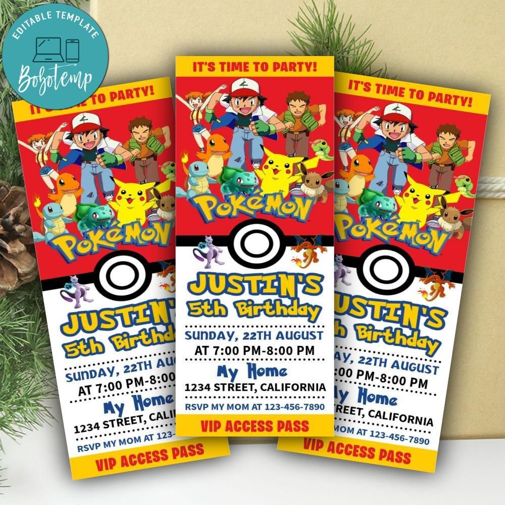 Pokemon Ticket Invitation Customizable Template | Bobotemp