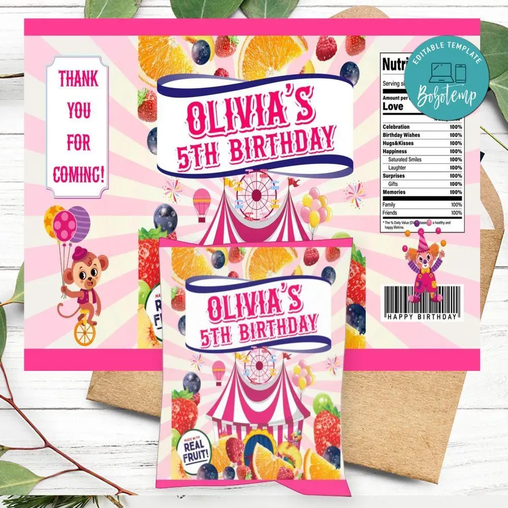 Pink Carnival Birthday Party Fruit Snack Bag Digital File | Bobotemp