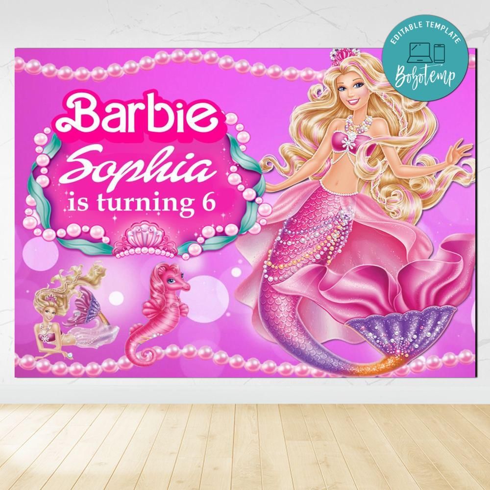 Sirena Barbie Birthday Backdrop Digital File Template | Bobotemp