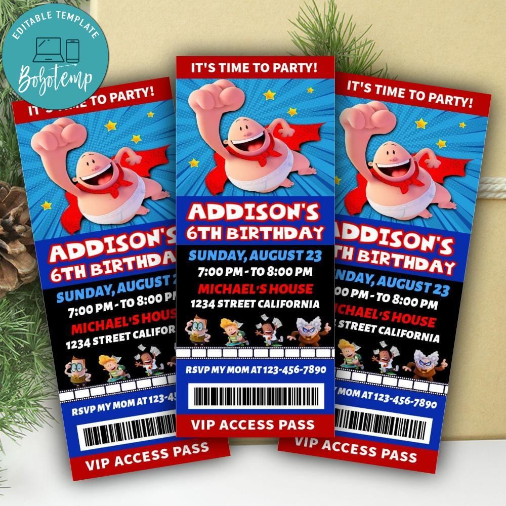 Captain Underpants Ticket Invitation Customizable Template | Bobotemp