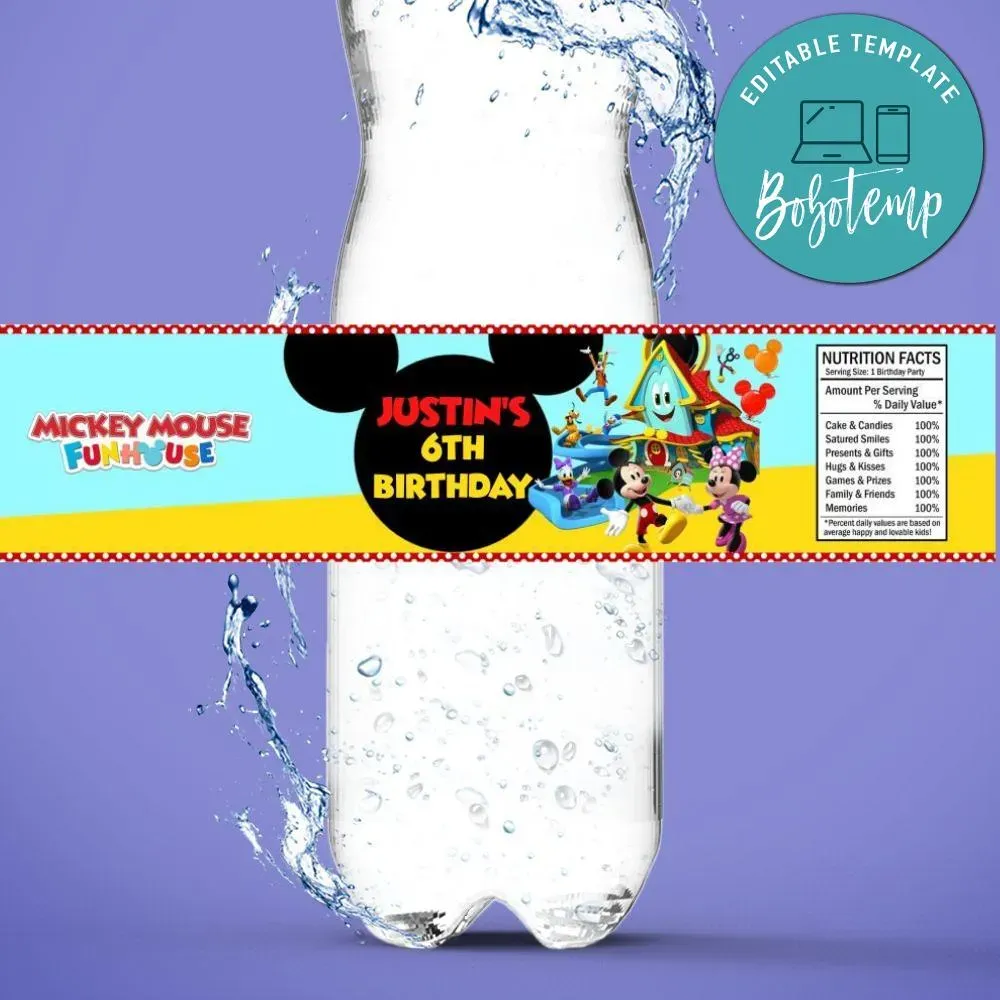 Mickey Mouse Funhouse Birthday Water Bottle Label Template | Bobotemp