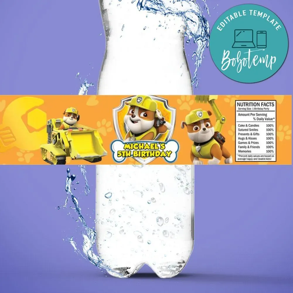 Rubble paw patrol Birthday Water Bottle Label Template | Bobotemp