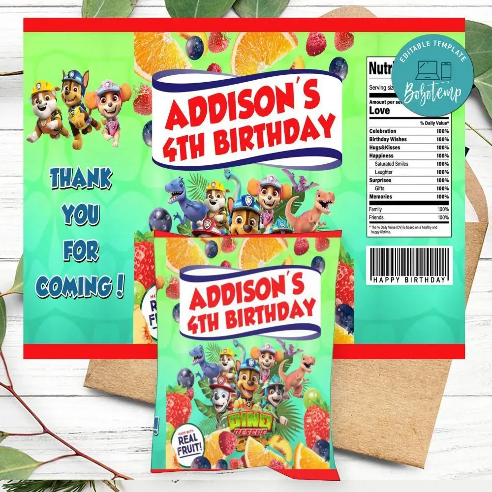 Dino Rescue Birthday Party Fruit Snack Bag Digital File | Bobotemp