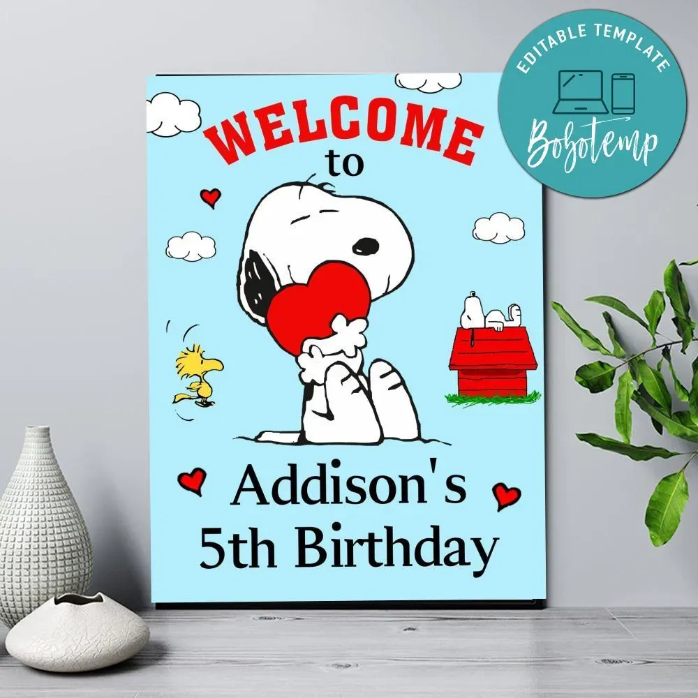 Snoopy Birthday Welcome Sign Digital File Printable DIY | Bobotemp