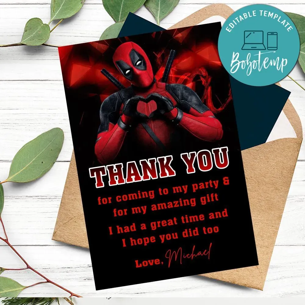 Deadpool Thank You Card Customizable Template DIY | Bobotemp