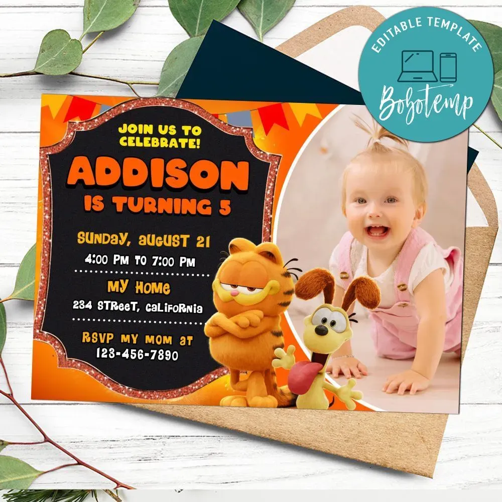 Garfield Birthday Invitation with Photo Customizable | Bobotemp
