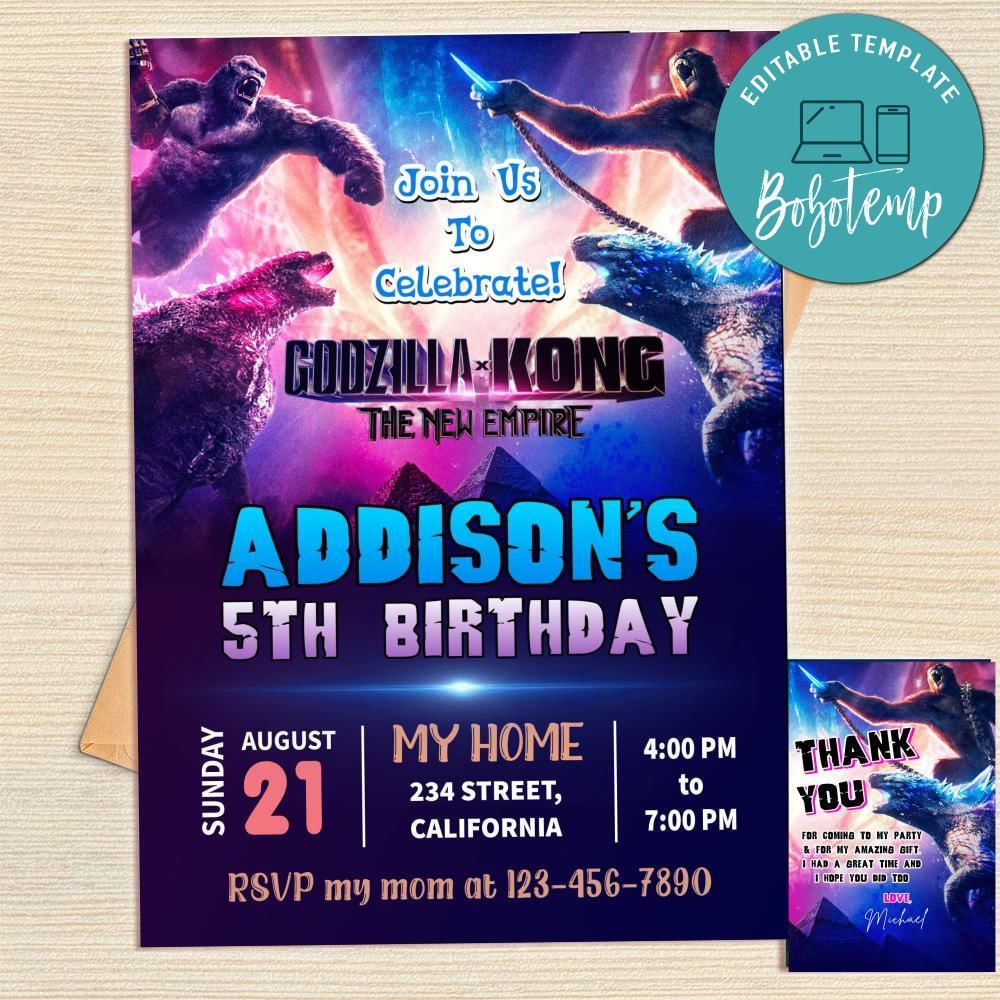 Godzilla X Kong: The New Empire Invitation Template Free Thank You Card ...