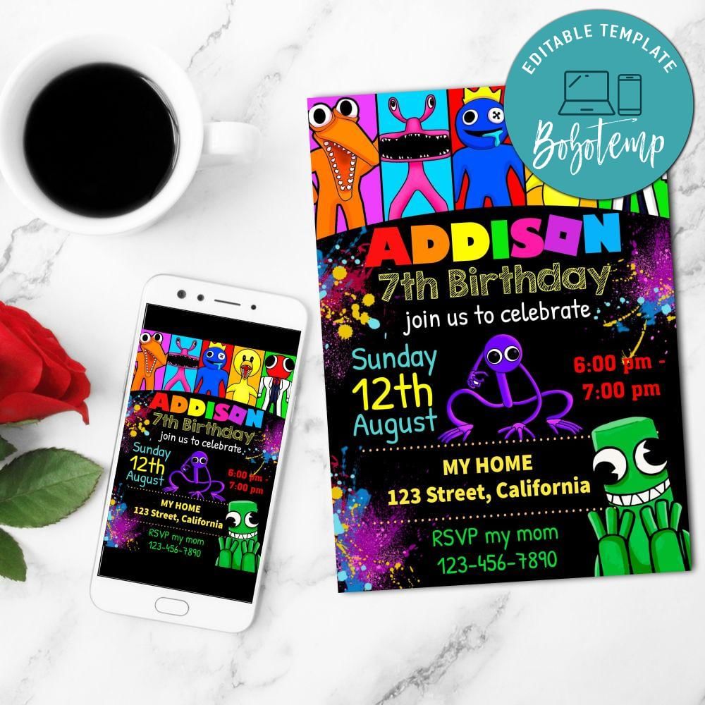 Rainbow Friends Invitation Customizable Template DIY Bobotemp