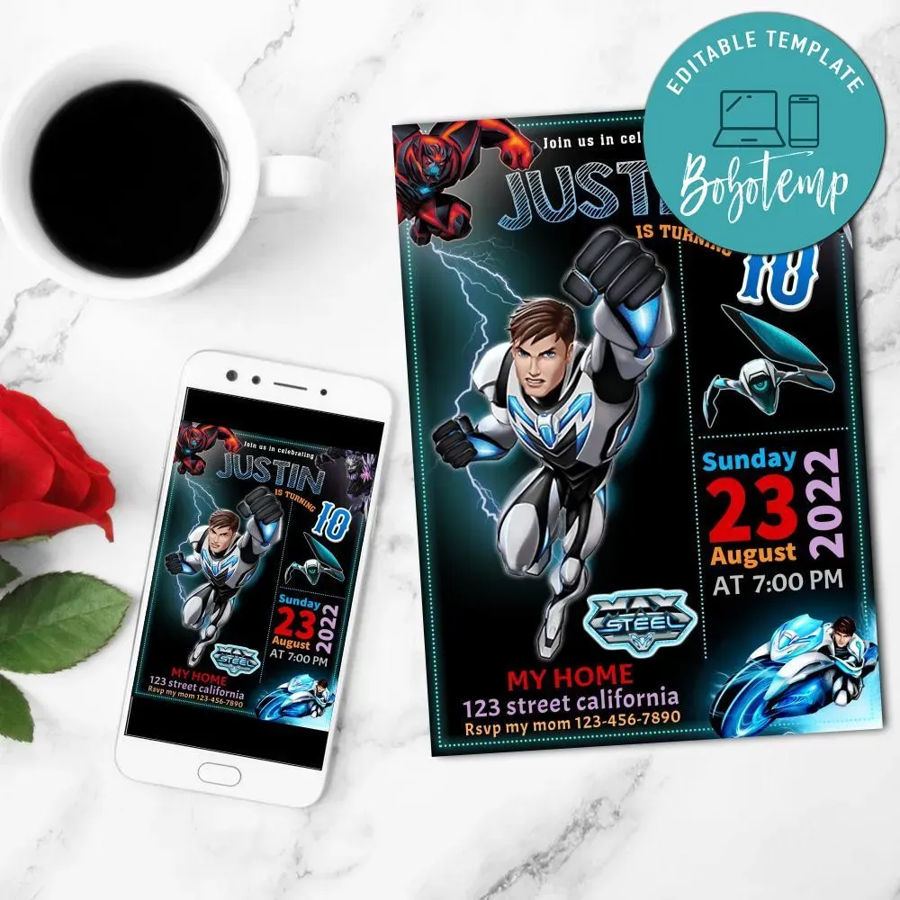 Max Steel Invitation Customizable Template DIY | Bobotemp