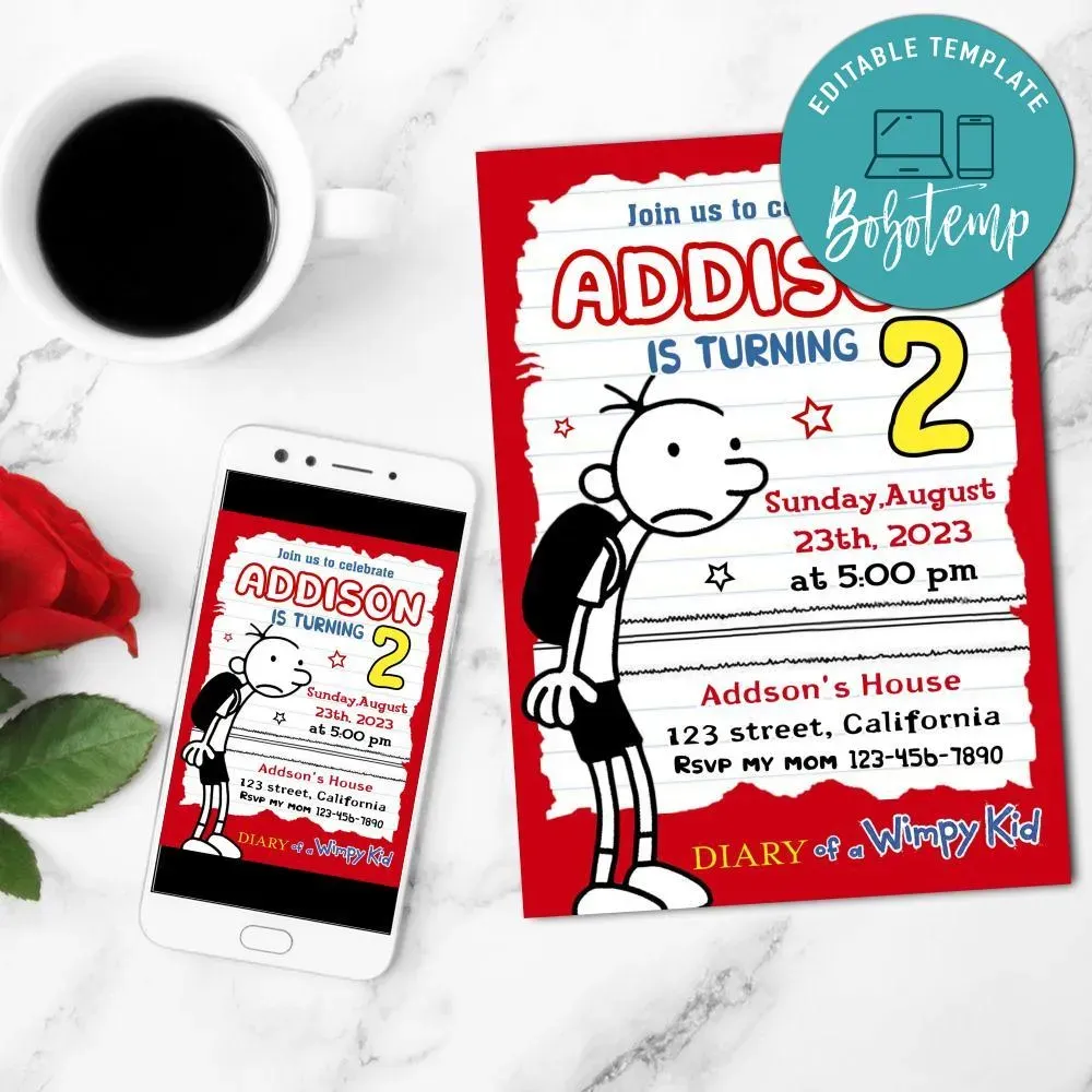 Diary of a Wimpy Kid Invitation Customizable Template DIY | Bobotemp