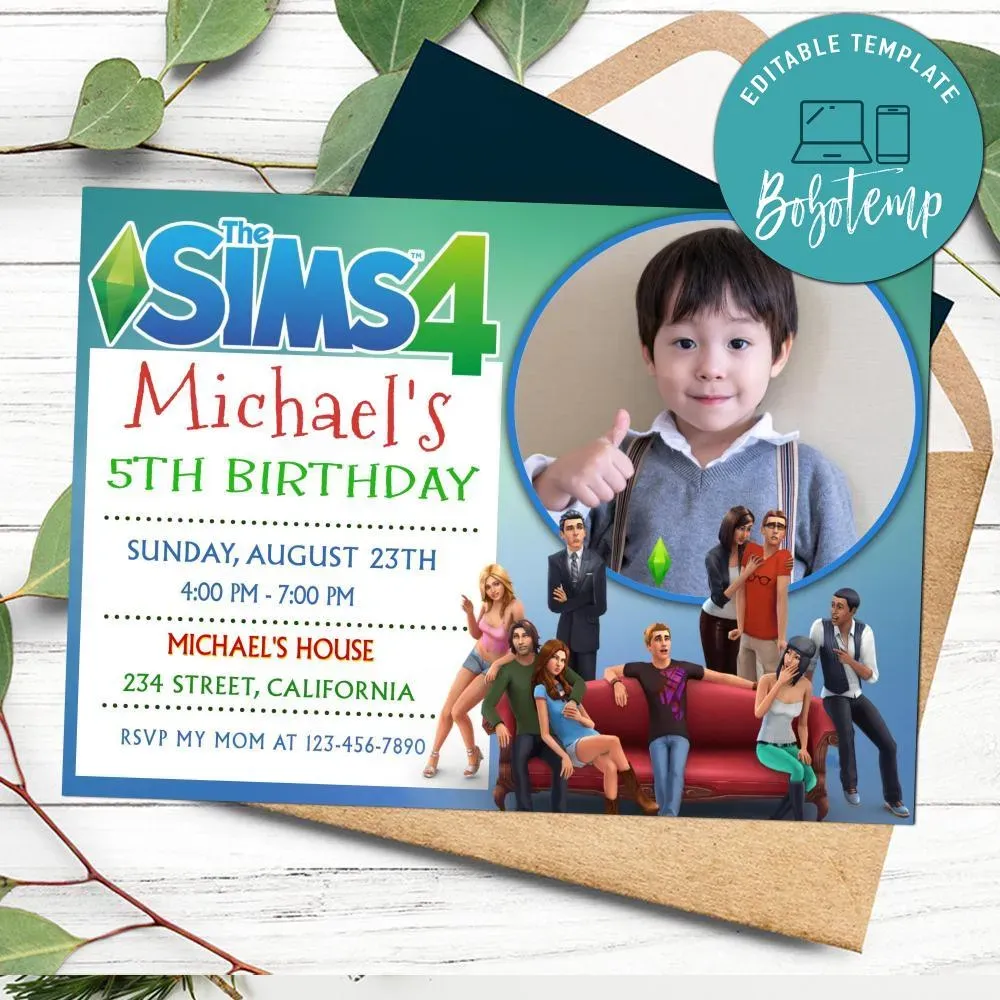 The Sims 4 Birthday Invitation with Photo Customizable | Bobotemp