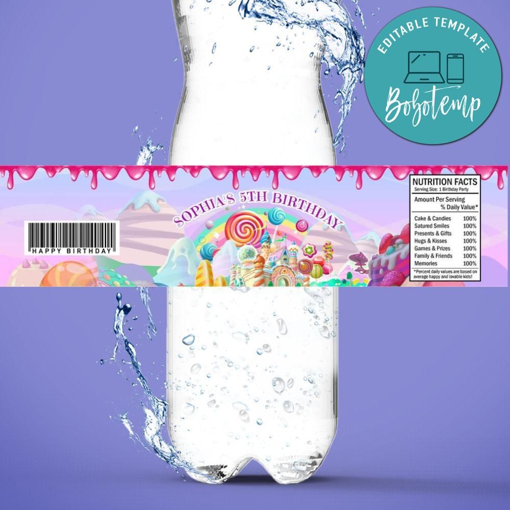 Candyland Birthday Water Bottle Label Template | Bobotemp