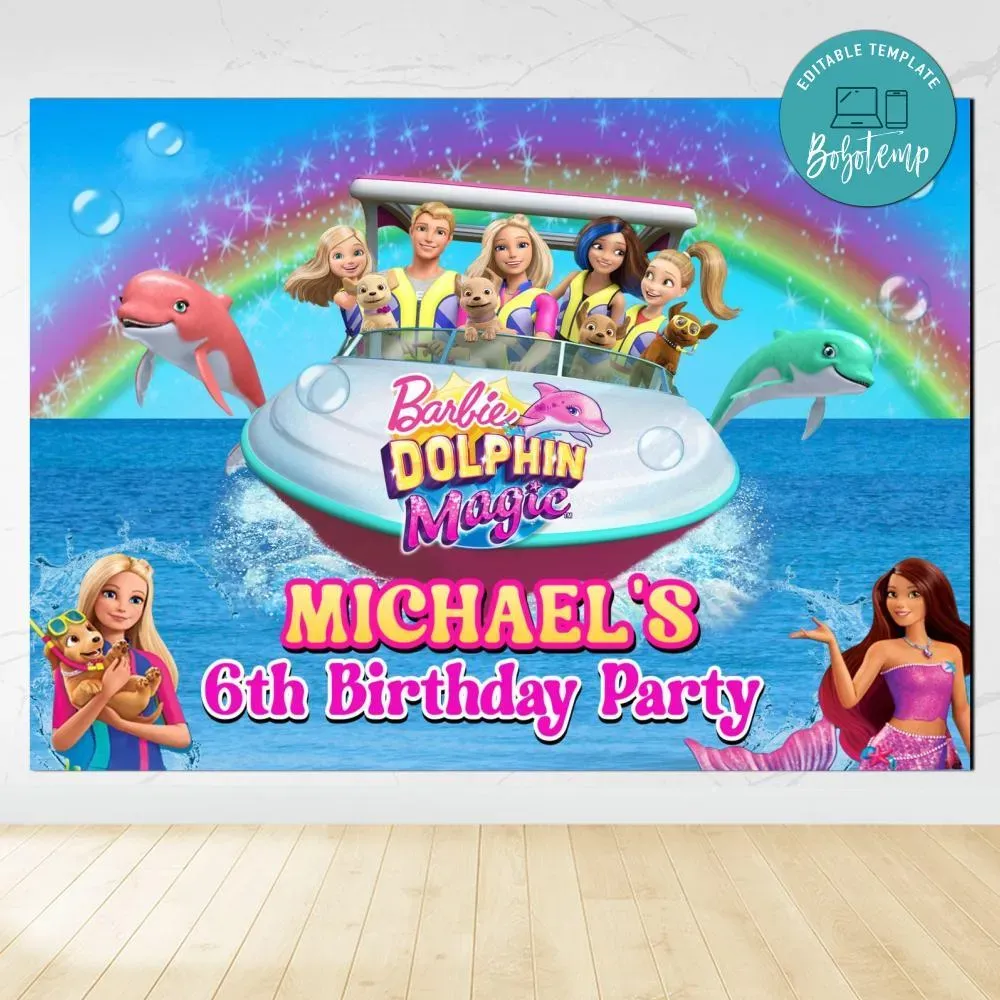 Barbie Dolphin Magic Birthday Backdrop Digital File Template | Bobotemp