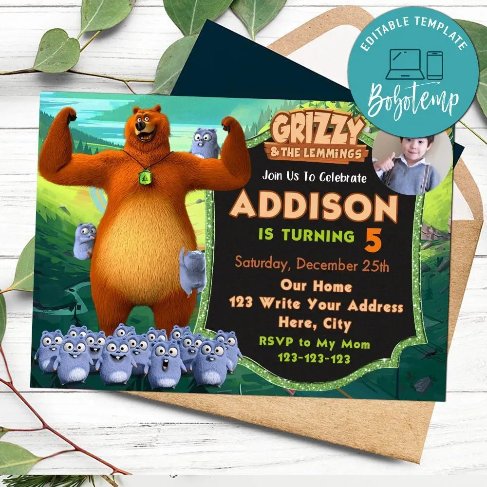 Grizzy and the lemmings Birthday Invitation With photo DIY | Bobotemp
