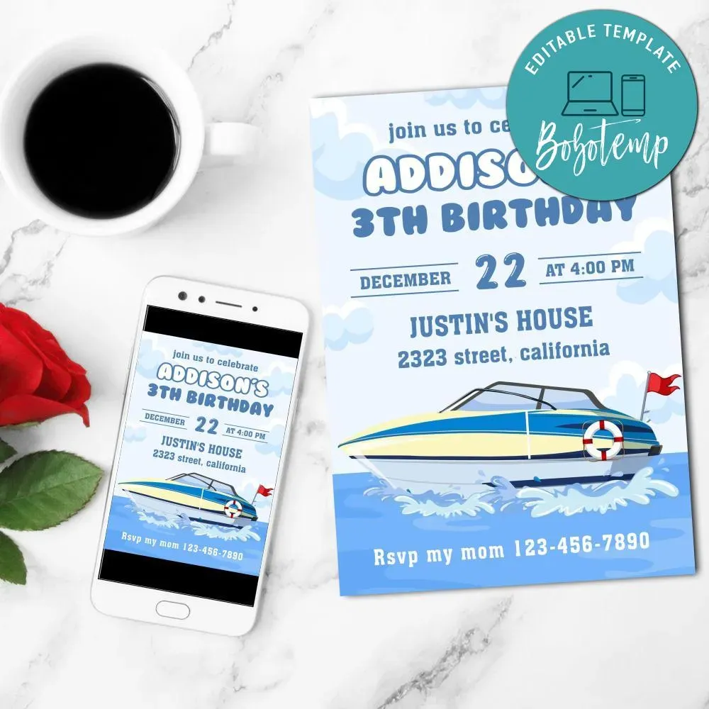 Speed Boat Birthday Invitation Customizable Template | Bobotemp