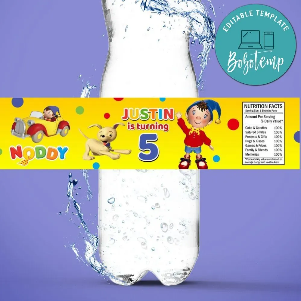 Noddy Birthday Water Bottle Label Template | Bobotemp