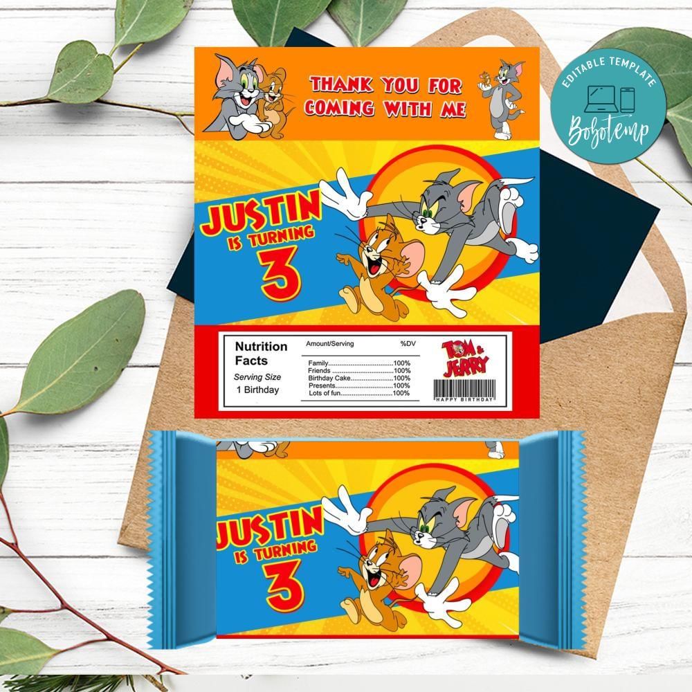 Tom and jerry Candy bar Label Customizable Template DIY | Bobotemp