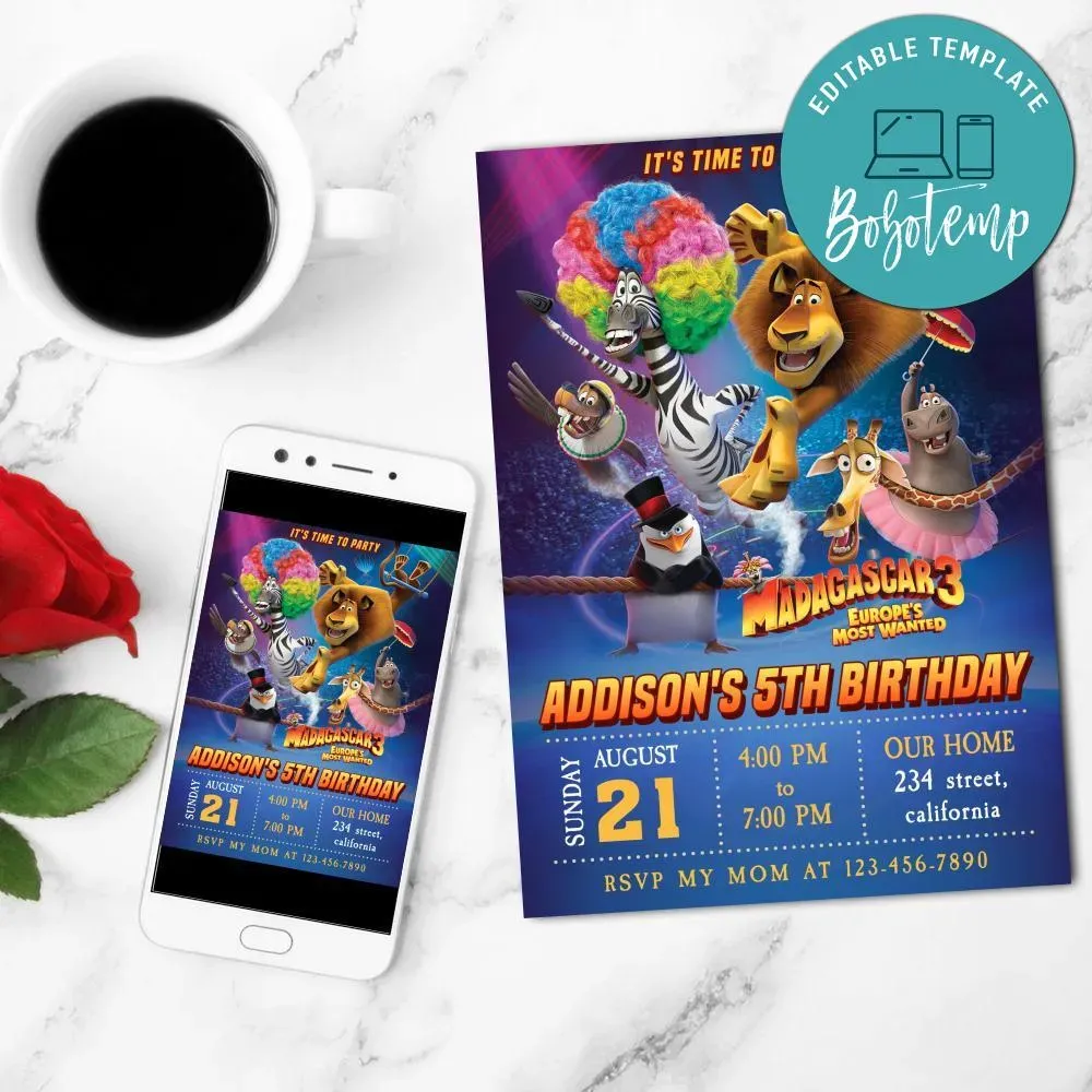 Madagascar 3 Birthday Invitation Customizable Template DIY | Bobotemp