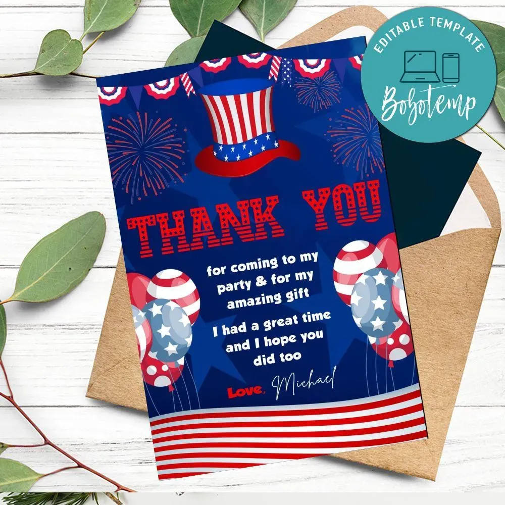 4th Of July Birthday Thank You Card Customizable Template DIY | Bobotemp