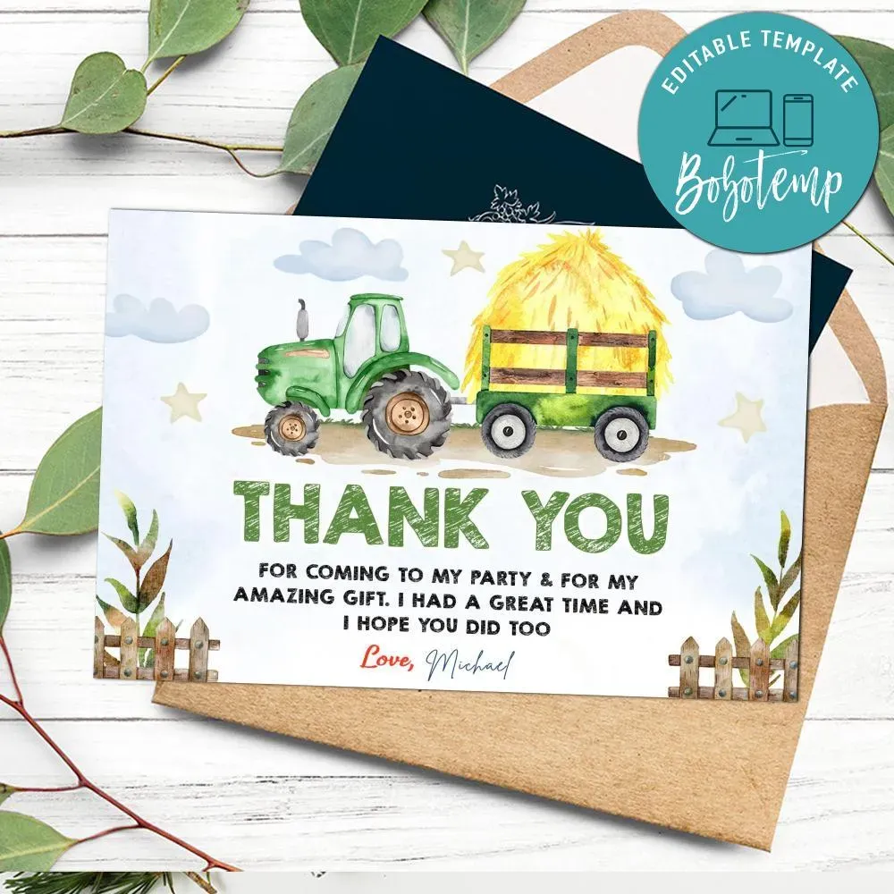 Tractor Thank You Card Customizable Template DIY | Bobotemp
