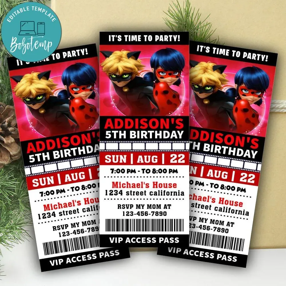 Miraculous Ladybug Ticket Invitation Customizable Template | Bobotemp