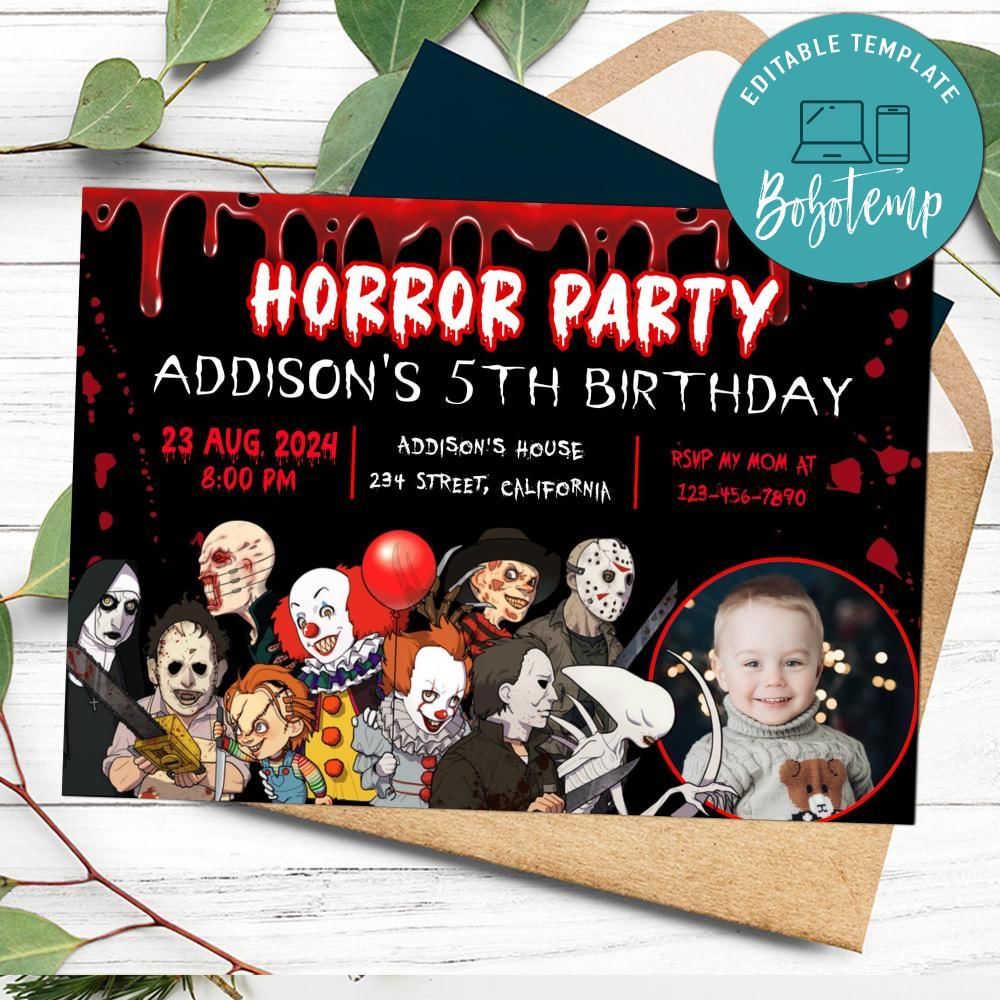 Friends horror movie Birthday Invitation with Photo Customizable | Bobotemp