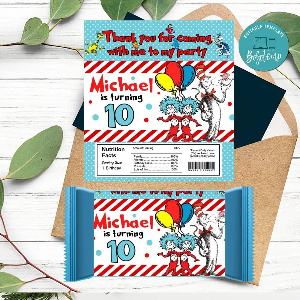 Dr. Seuss Candy bar Label Customizable Template DIY | Bobotemp