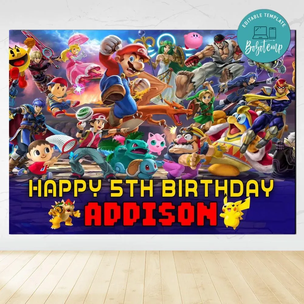 Super Smash Brothers Birthday Backdrop Digital File Template | Bobotemp