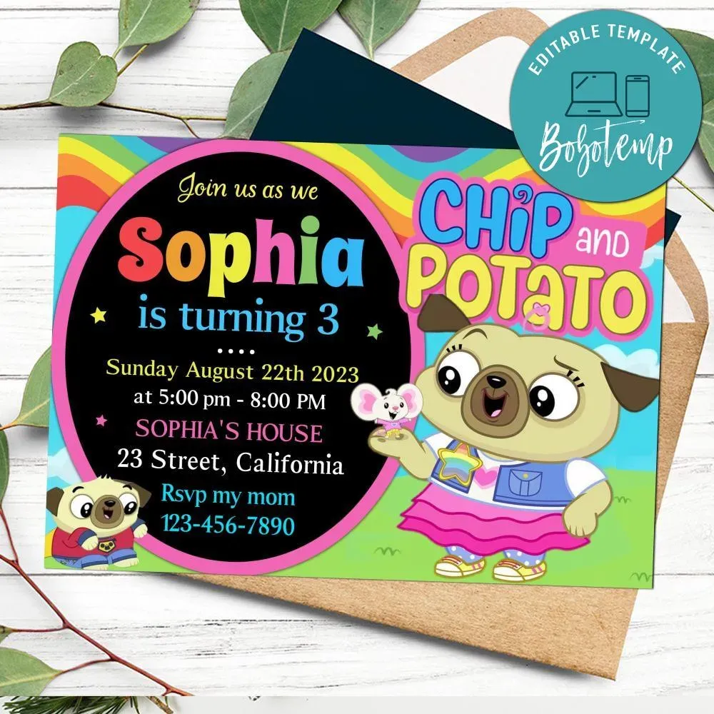 Chip and potato Birthday Flyer Customizable Template DIY | Bobotemp