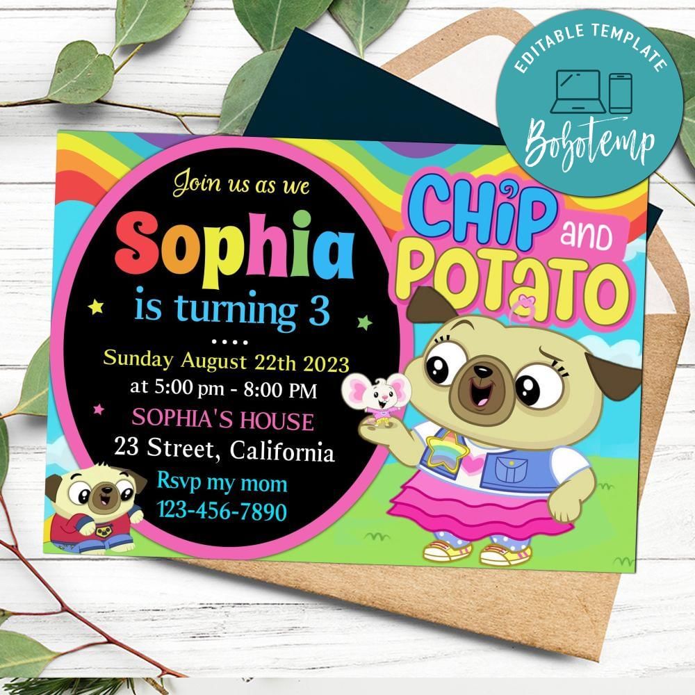 Chip and potato Birthday Flyer Customizable Template DIY | Bobotemp
