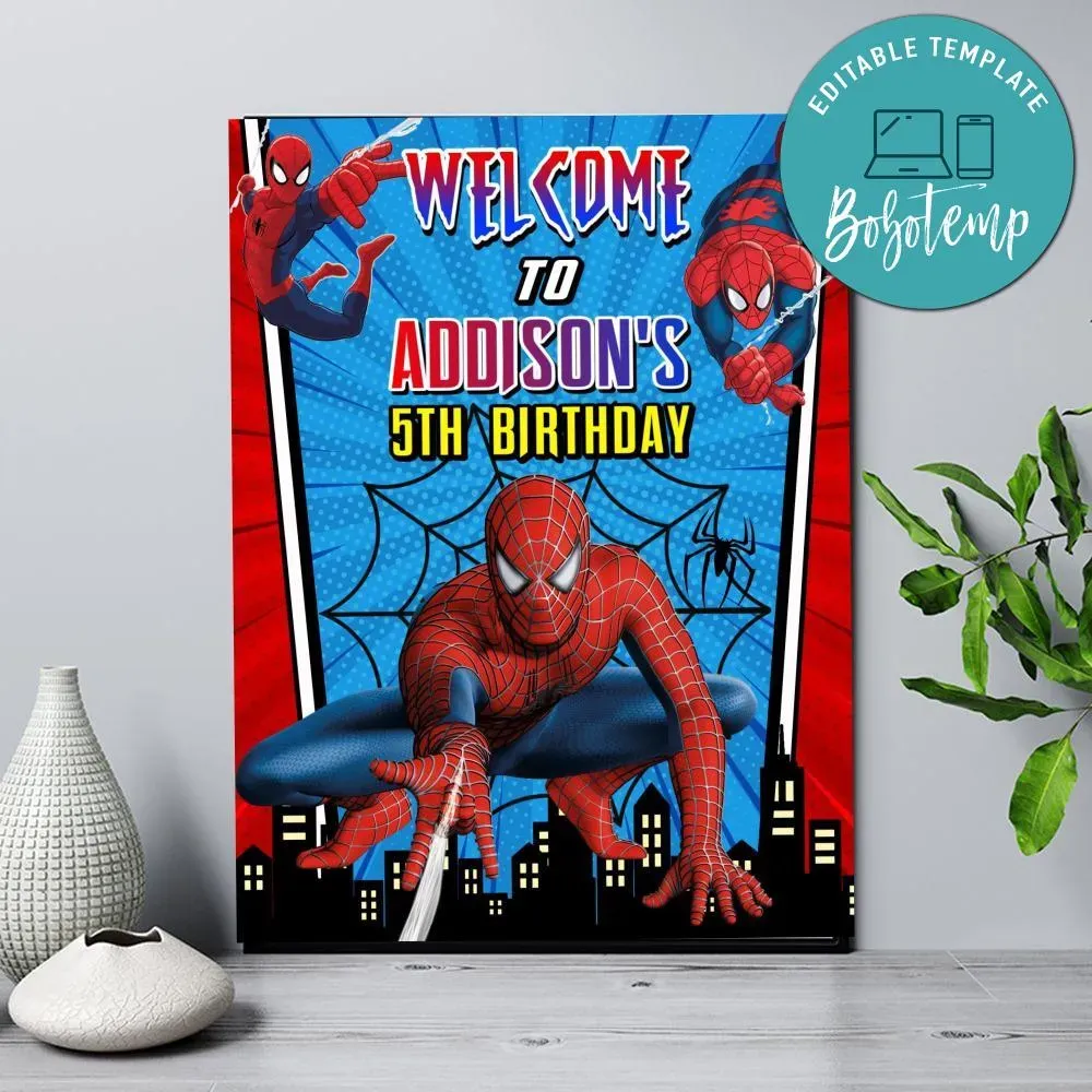 Spiderman Birthday Welcome Sign Digital File Printable DIY | Bobotemp