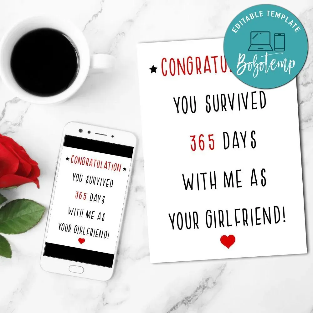 1 Year Boyfriend Anniversary Card Customizable Template DIY | Bobotemp