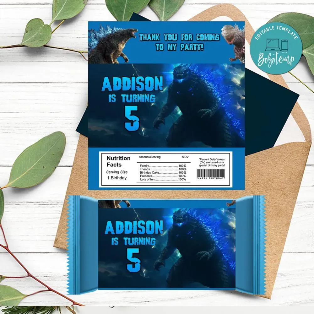 Godzilla Candy bar Label Customizable Template DIY | Bobotemp