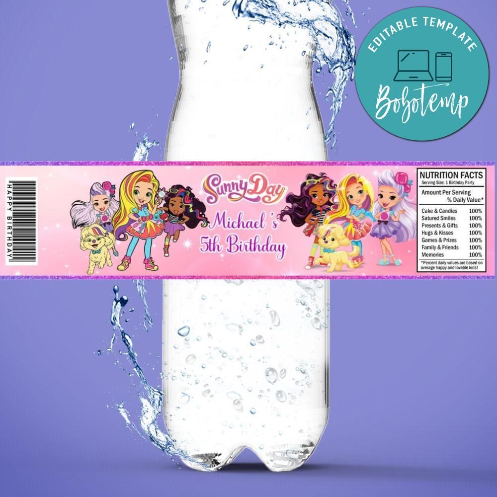 Sunny Day Birthday Water Bottle Label Template | Bobotemp