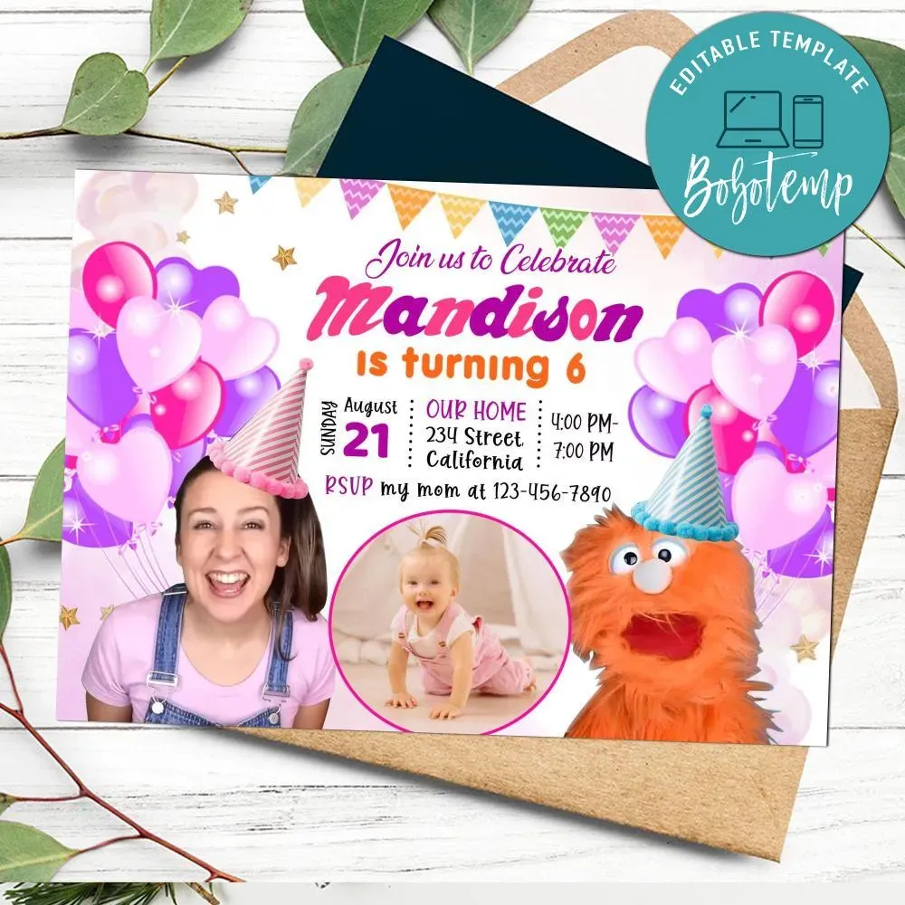 Ms. Rachel Birthday Invitation with Photo Customizable | Bobotemp